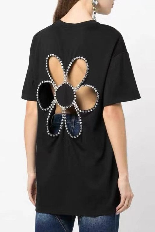 Debora Flower Hollow Rhinestone Embellished T-shirt - Black – Maison Celie