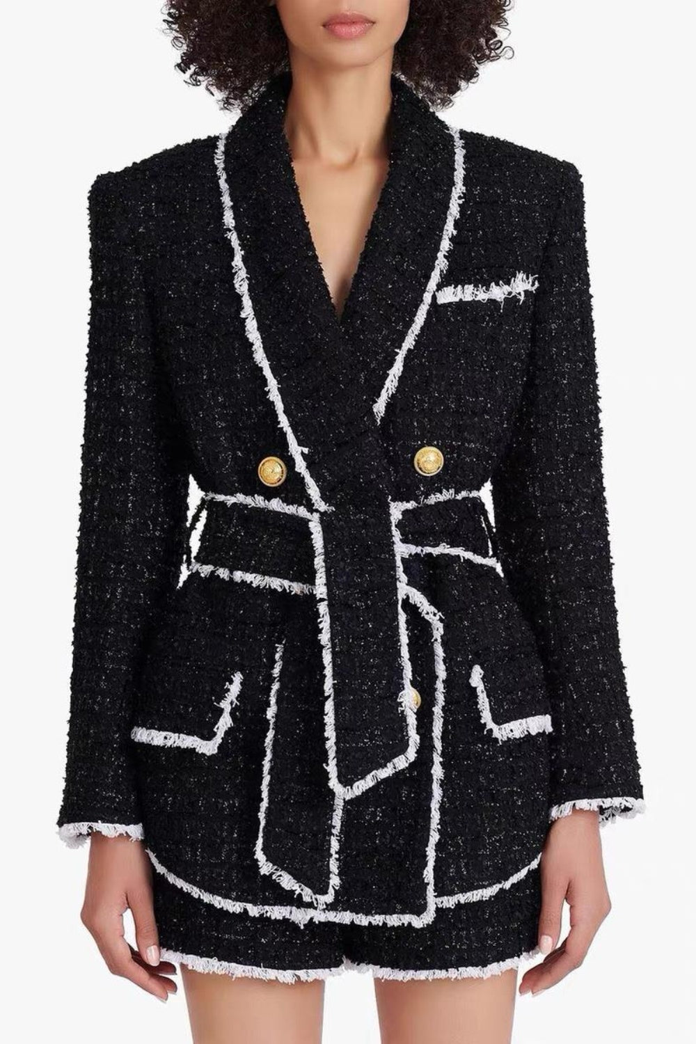 Mishka Breasted Tweed Jacket With Belt- Black – Maison Celie